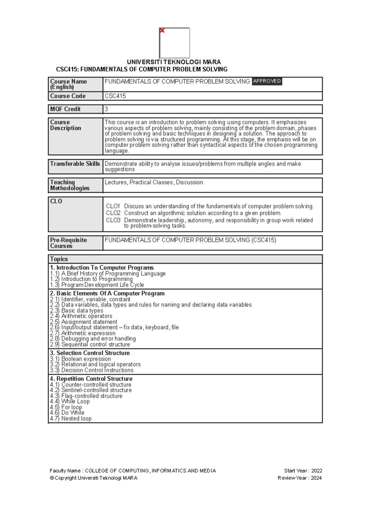 Course Fundamentals Of Computer Problem Solving Universiti Teknologi