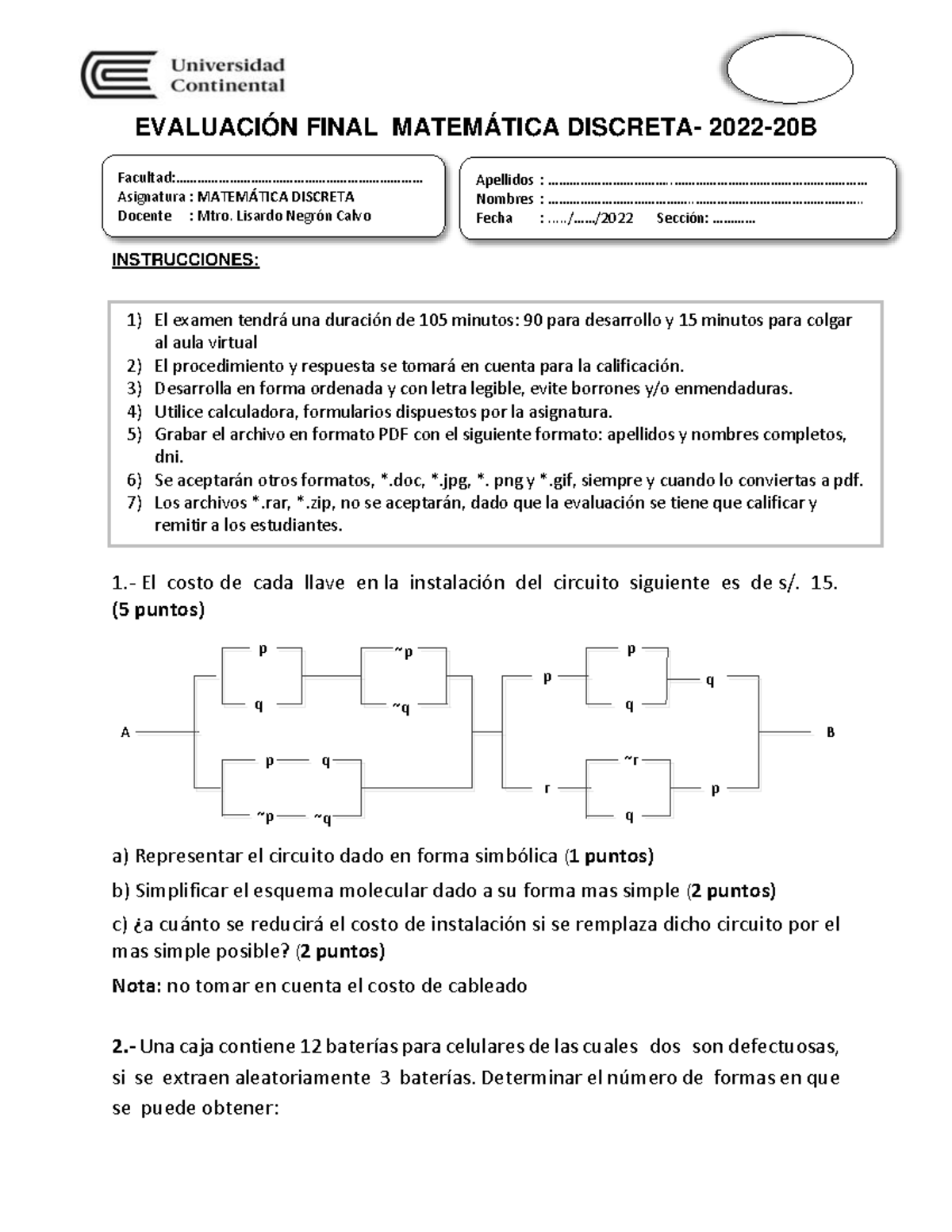 Modelo Evaluación Final. Matematica Discreta 2022-20B - EVALUACIÓN FINAL MATEMÁTICA DISCRETA ...