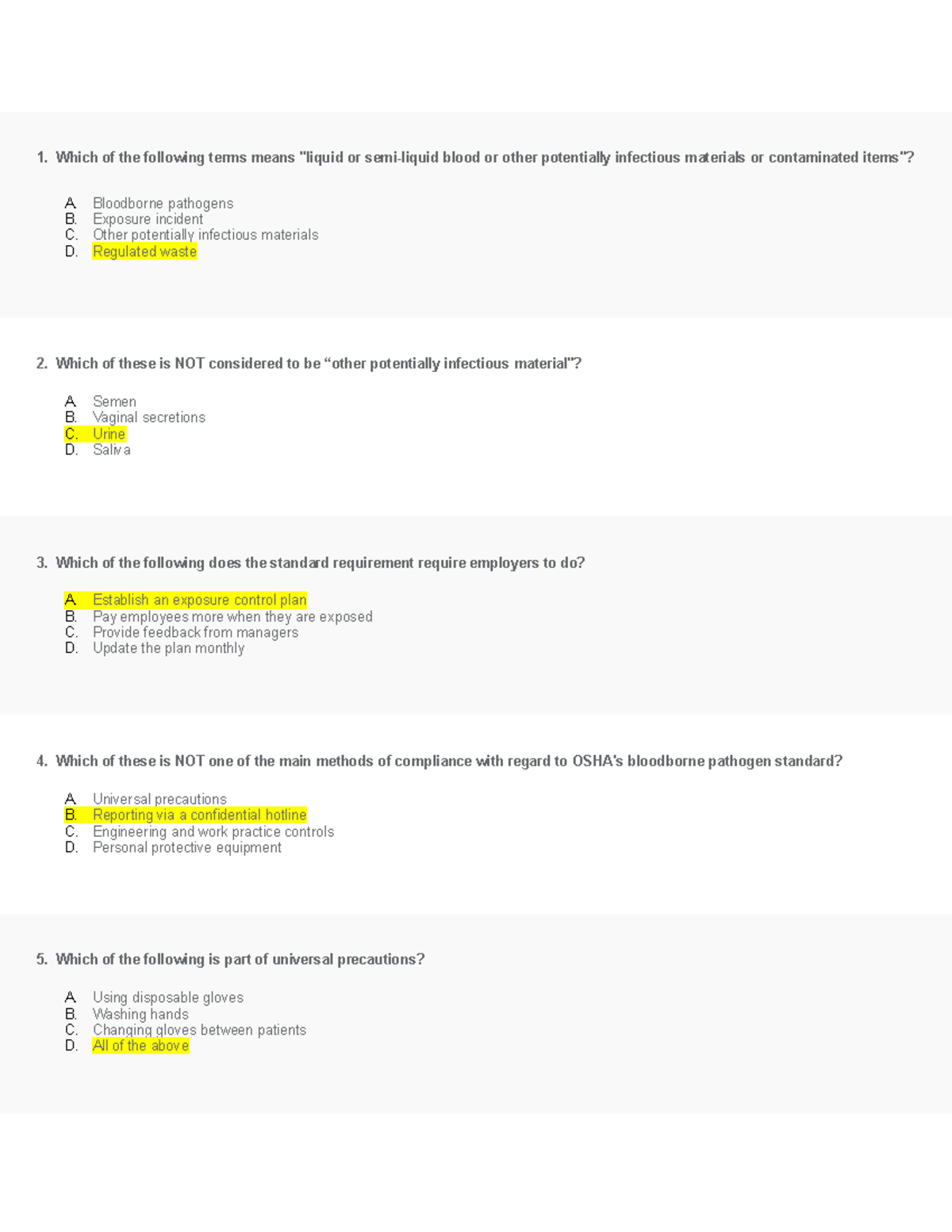 Bloodborne Pathogens Exam Study Guide & Review Questions - Studocu