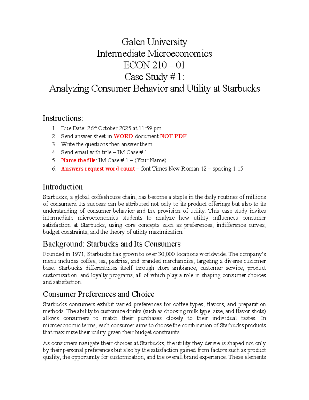 Galen University ECON 210 01 Case Study 1: Consumer Behavior at Starbucks - Studocu