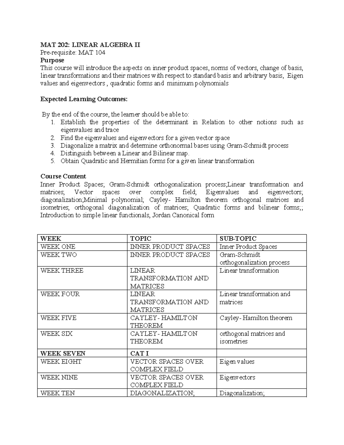 MAT 202: Linear Algebra II Course Outline and Key Concepts - Studocu