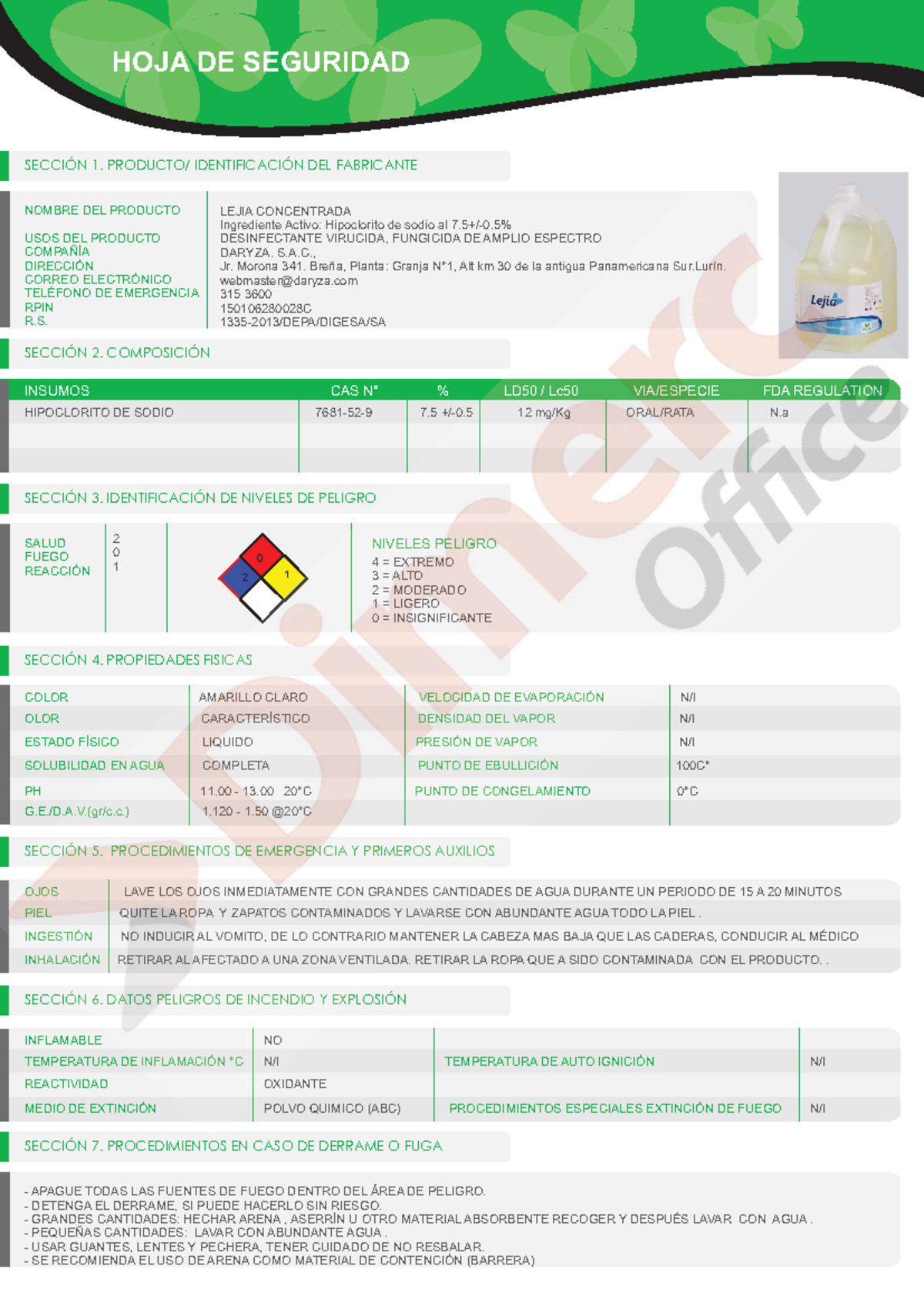HOJA DE SEGURIDAD MSDS - LEJÍA DARYZA (5) - Studocu