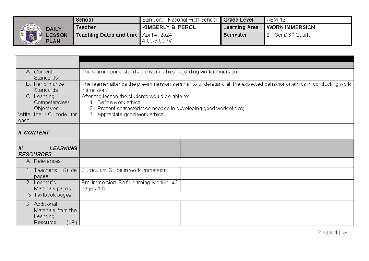 Detailed Lesson PLAN- WORK Immersion ( Ethics) - DAILY LESSON PLAN ...