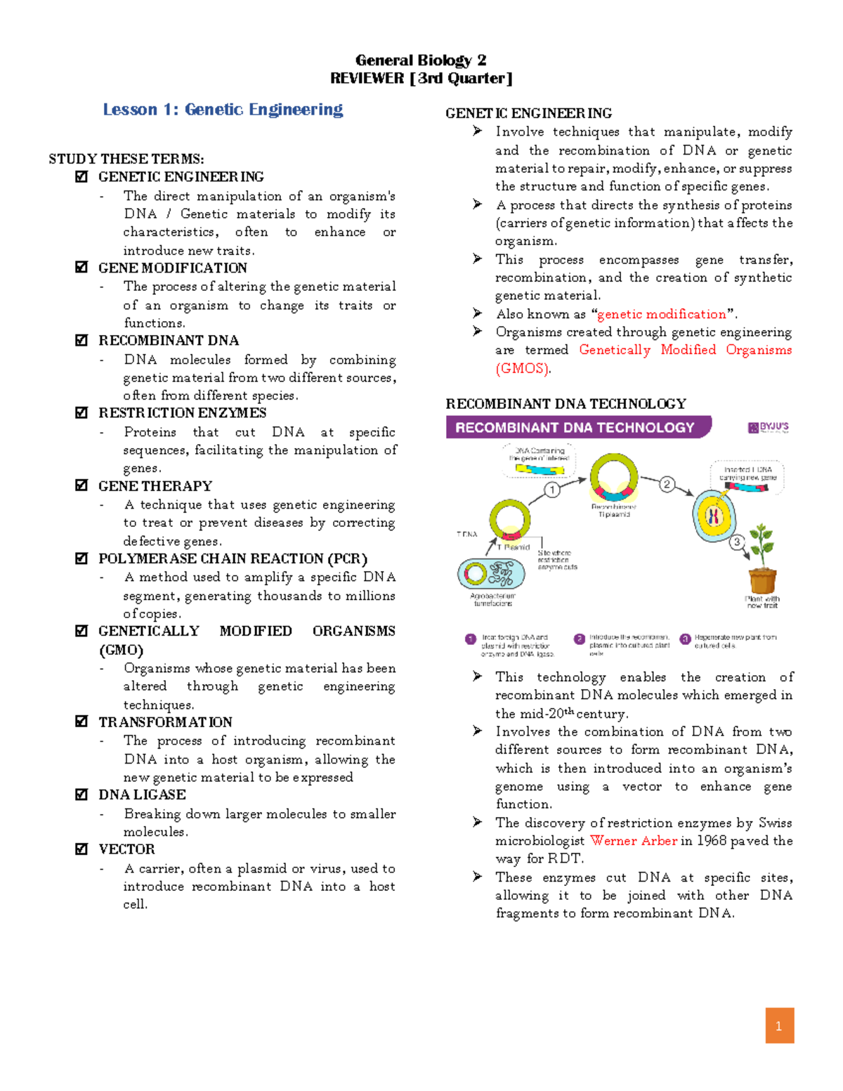 General Biology 2 REVIEWER: Lesson 1 - Genetic Engineering Concepts - Studocu