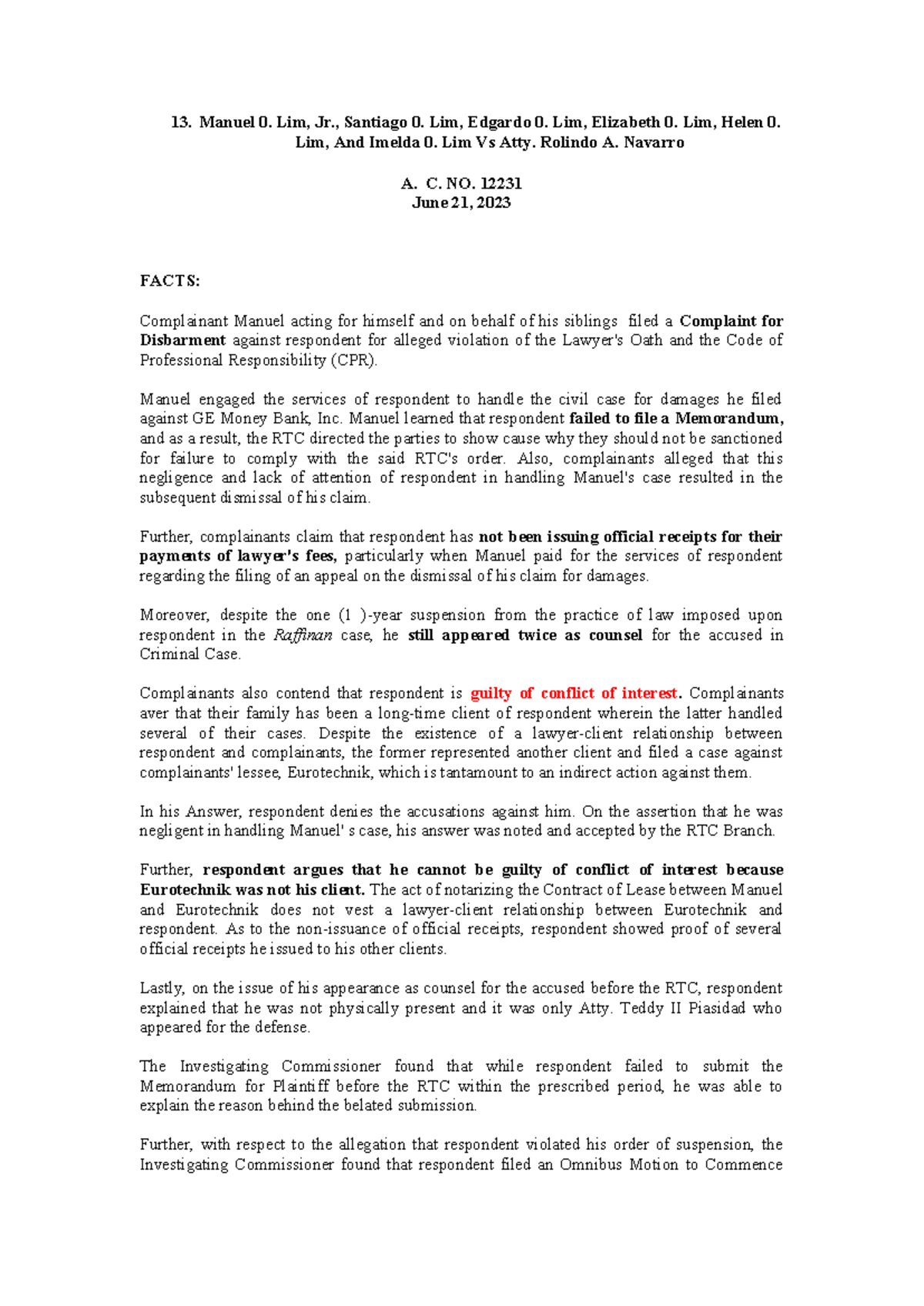 AC No. 12231 - Manuel Lim, Jr. vs. Atty. Rolindo Navarro: Disbarment ...
