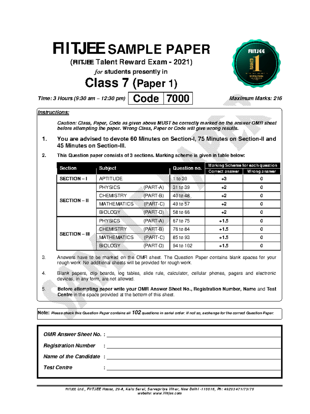 FTRE Sample Paper Class 7th Paper 1 - FIITJEE Lt d., FI I T JEE H ouse ...