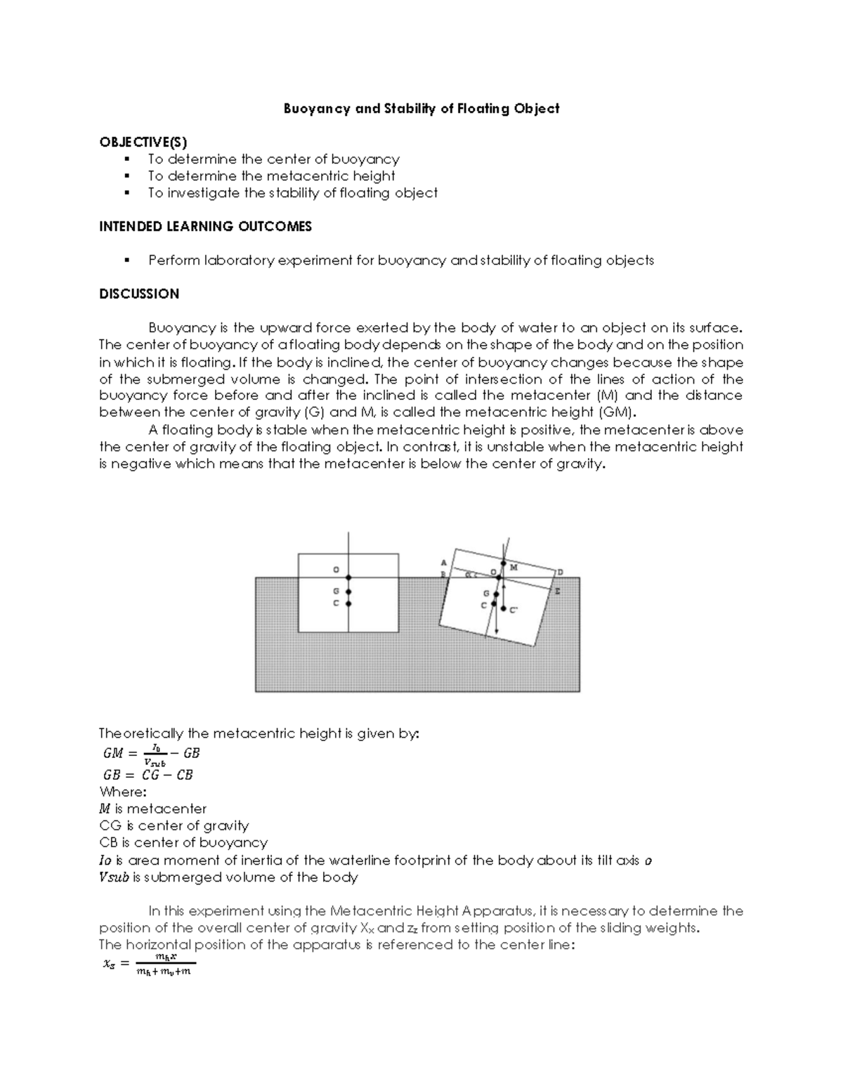 Buoyancy and Stability of Floating Objects Lab (ENGR 101) Report - Studocu