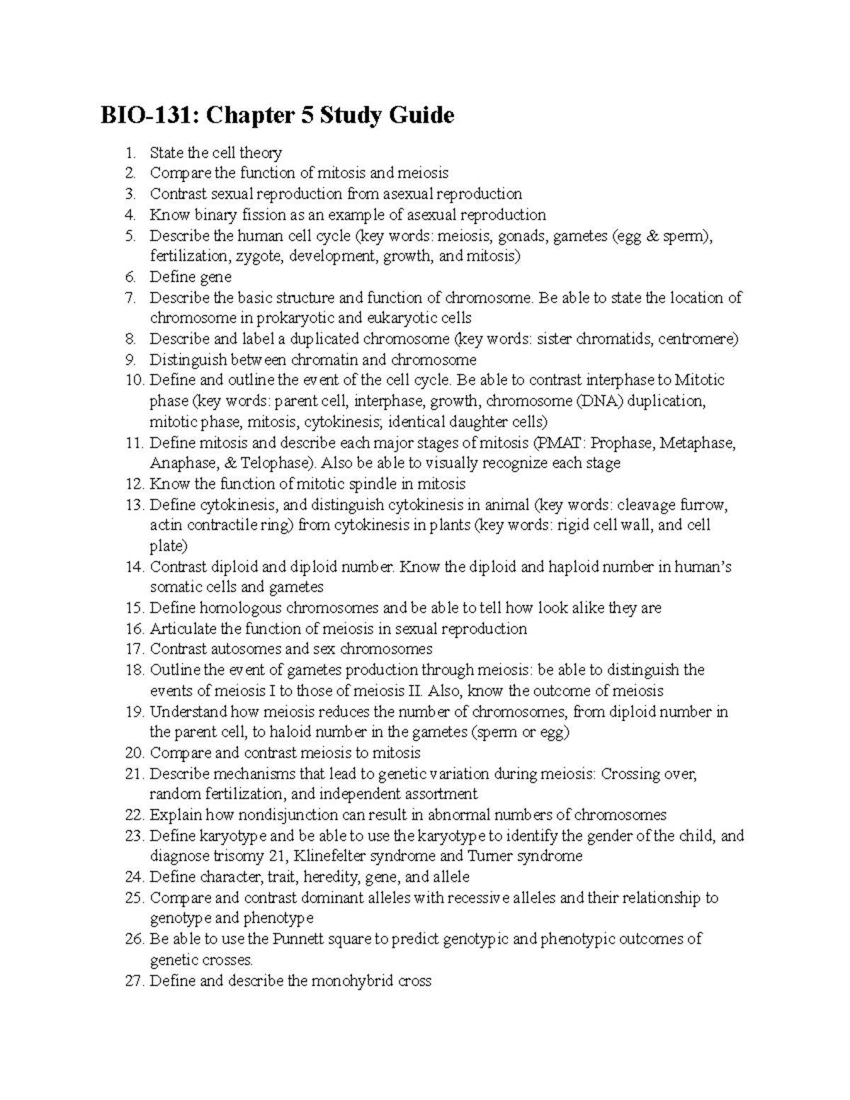 Exam 2 Study Guide - 131 - BIO-131: Chapter 5 Study Guide State the ...