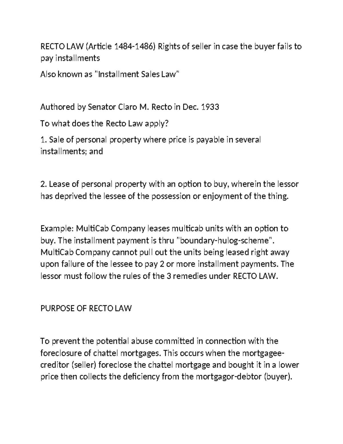 Recto LAW - RECTO LAW (Article 1484-1486) Rights of seller in case the ...