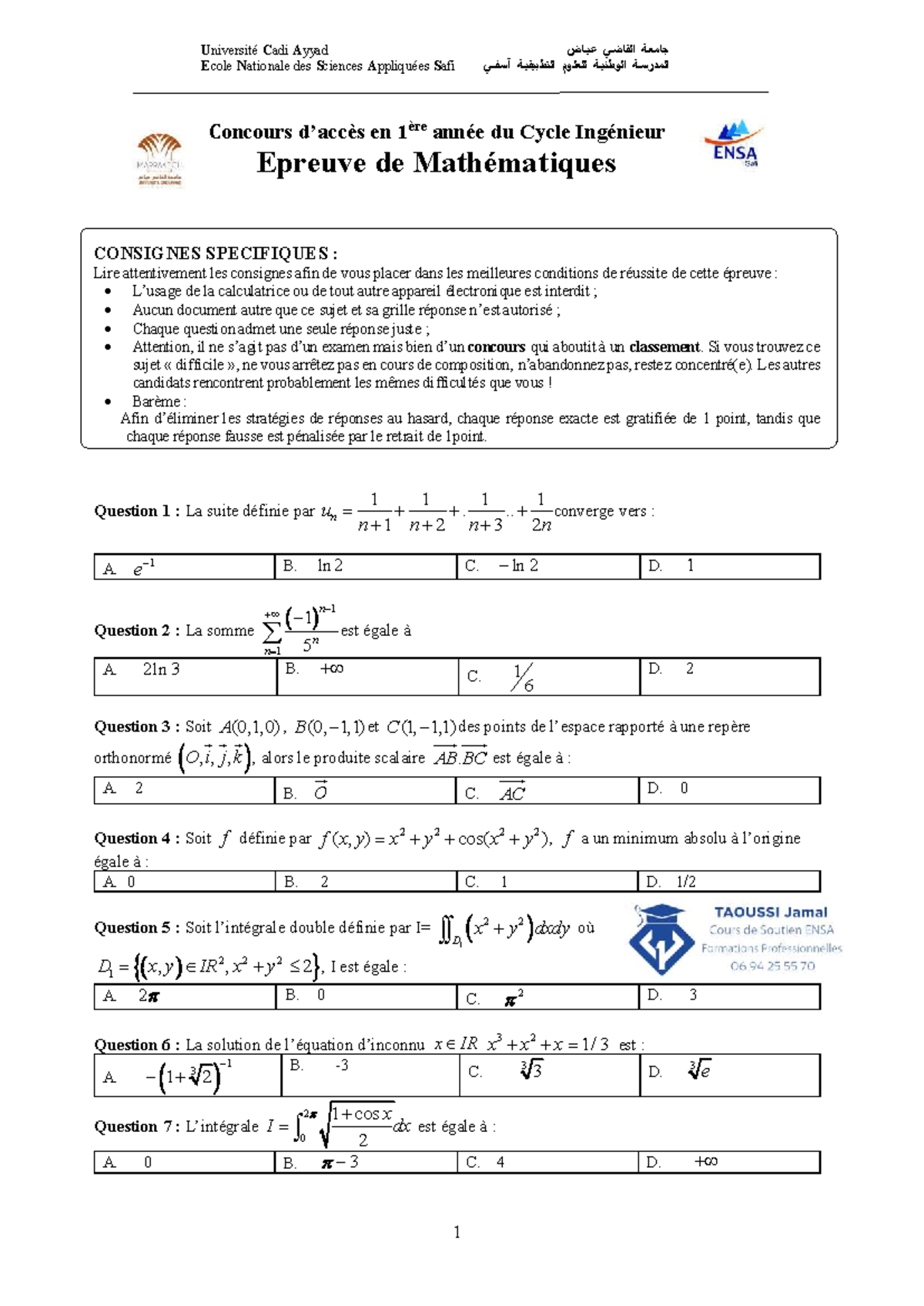 Concours en 1ère année Cycle Ingénieur - Maths 2017 - ENSA Safi - Studocu
