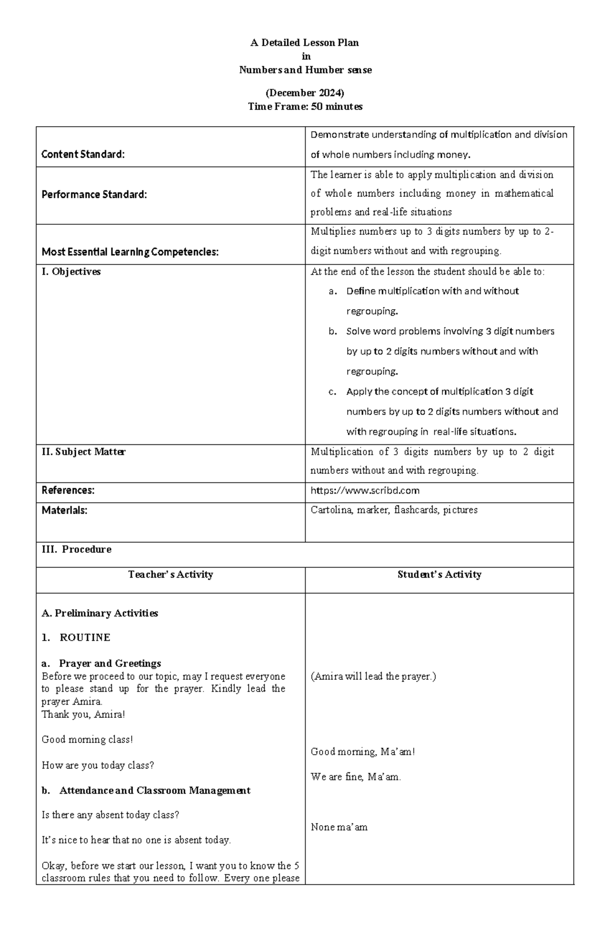 DLP in Math: Lesson Plan on Multiplication (3-Digit x 2-Digit) - Studocu