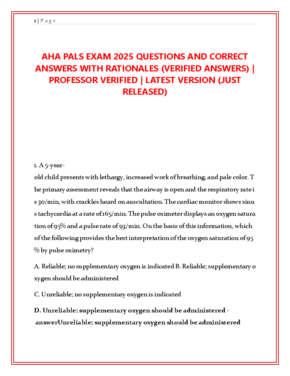 AHA PALS EXAM 2025: Questions, Verified Answers & Rationales - Studocu
