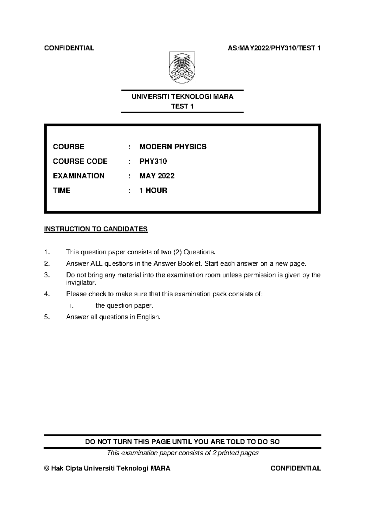 Test 1 PHY310 - Modern Physics Examination May 2022 - Studocu