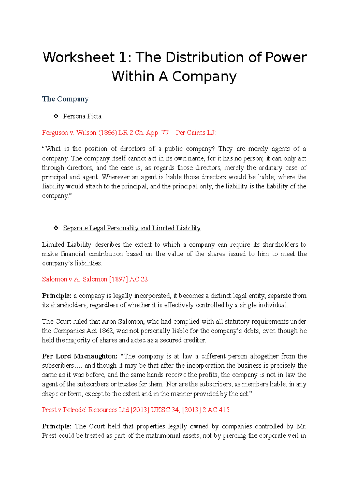 Worksheet 1: The Distribution of Power in Corporate Governance - Studocu