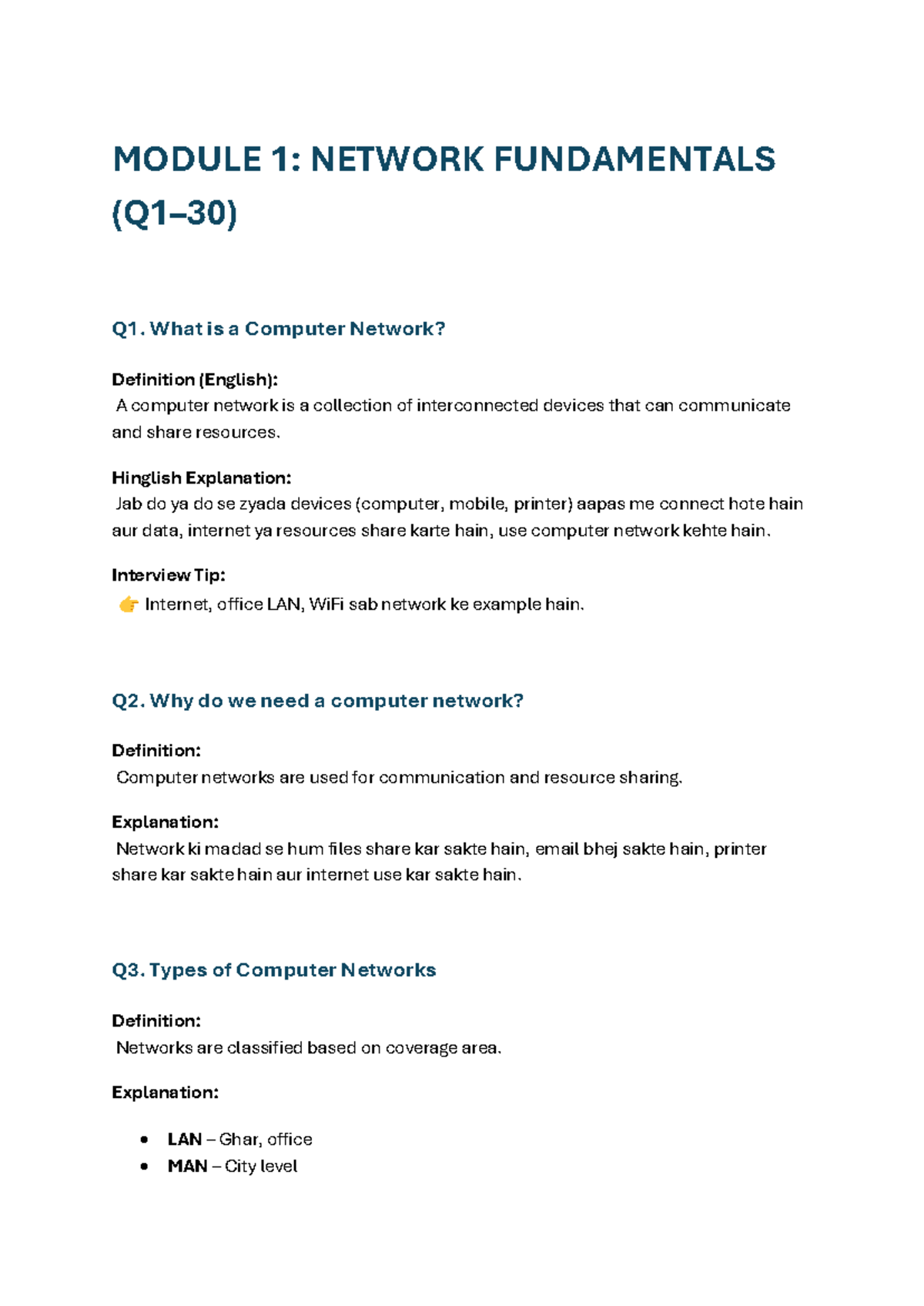 MODULE 1: NETWORK FUNDAMENTALS - Computer Network Interview Notes - Studocu