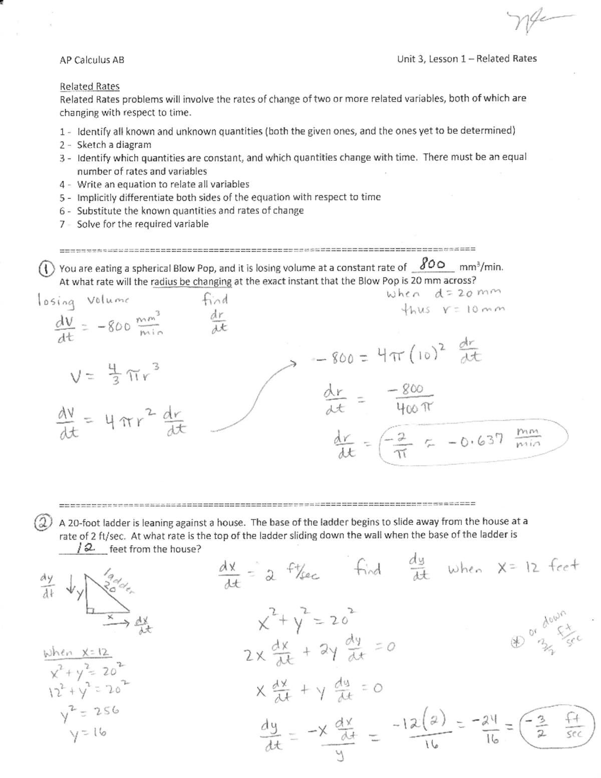 AP Calculus AB Unit 3 - Lesson 1: Related Rates Notes - Studocu