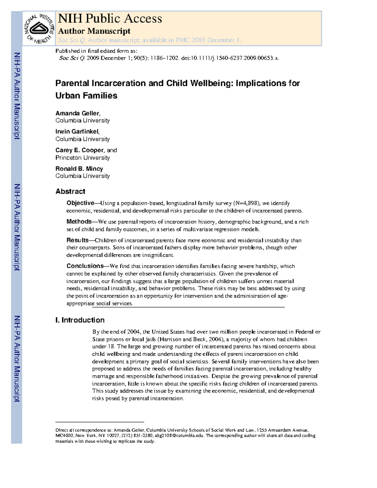 Parental Incarceration and Child Wellbeing: Economic and Developmental ...