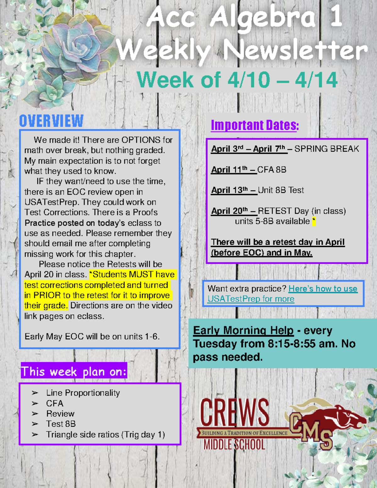 Acc Algebra 1 Weekly Newsletter - April 10 Updates and Reminders - Studocu