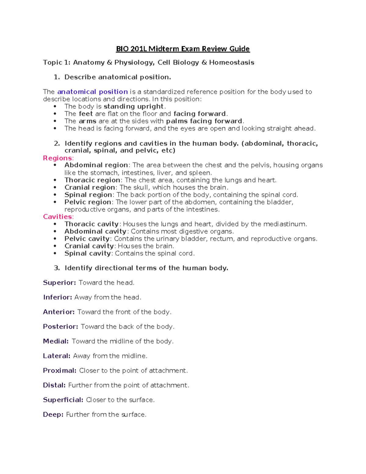 BIO 201L Midterm Exam Study Notes on Anatomy & Physiology - Studocu