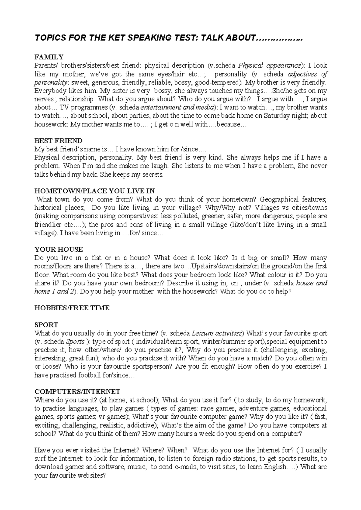 Topics for the KET Speaking tests (Chủ đề phần nói KET) - TOPICS FOR ...