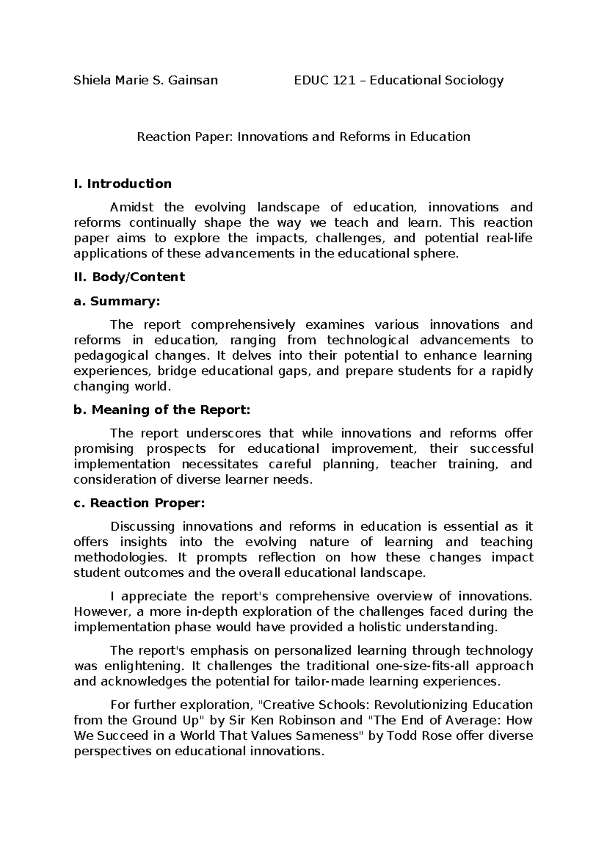 EDUC 121 Reaction Paper: Innovations & Reforms in Education - Studocu