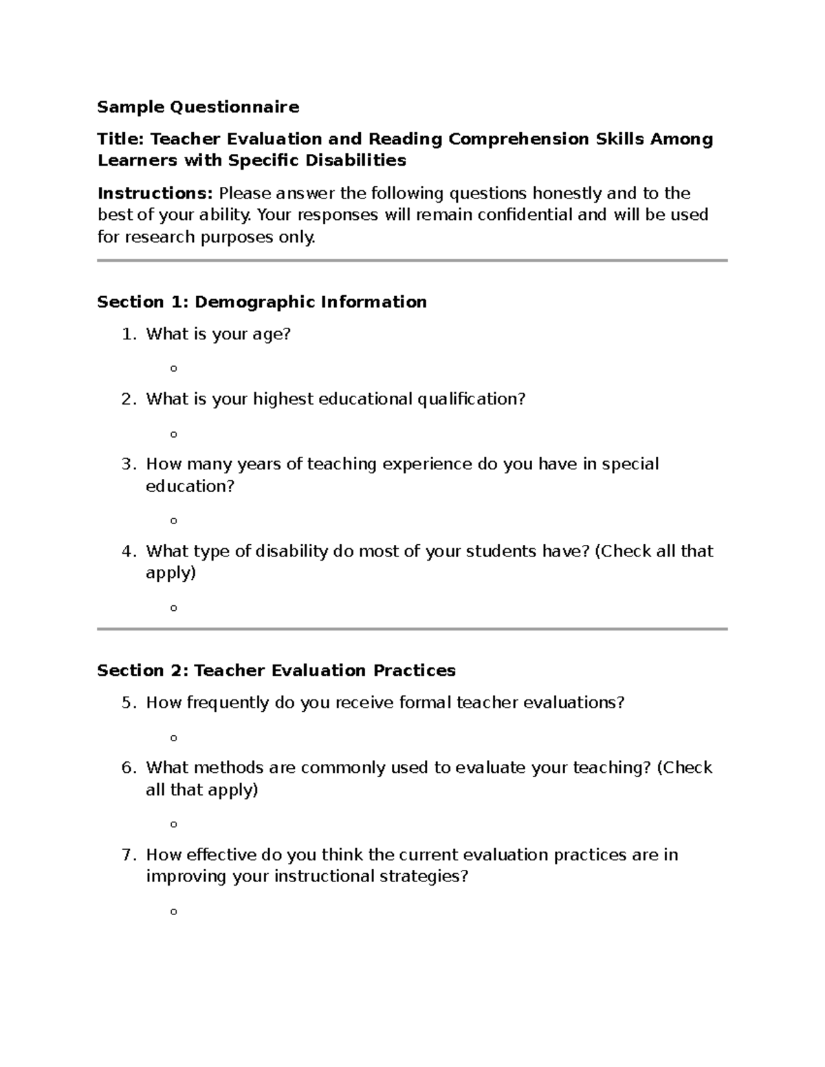 Teacher Evaluation & Reading Comprehension Skills Questionnaire - Studocu