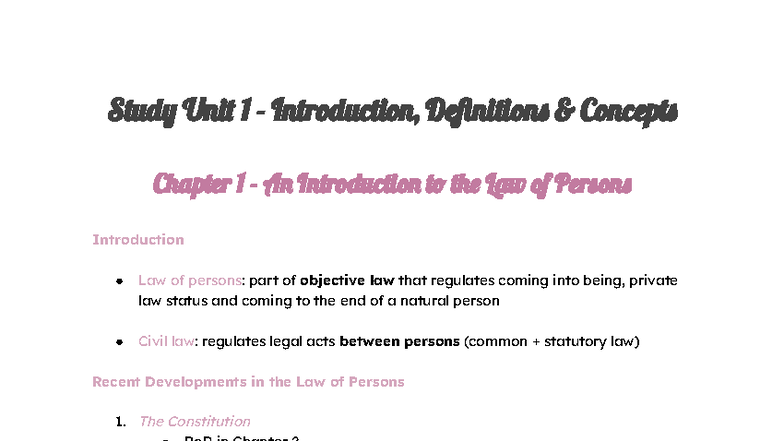 Law of Persons: Study Unit 1 & 2 Overview and Key Concepts - Studocu