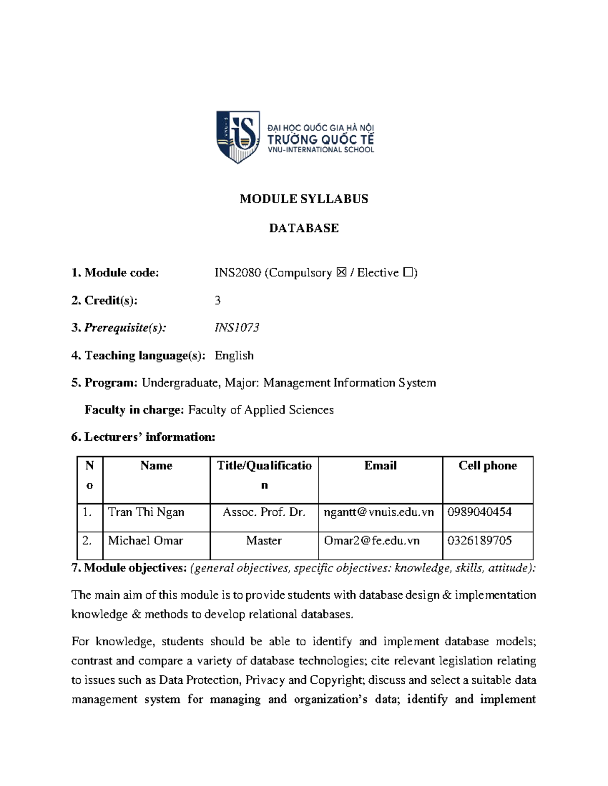 Module Syllabus for Database Design and Implementation - INS2080 - Studocu