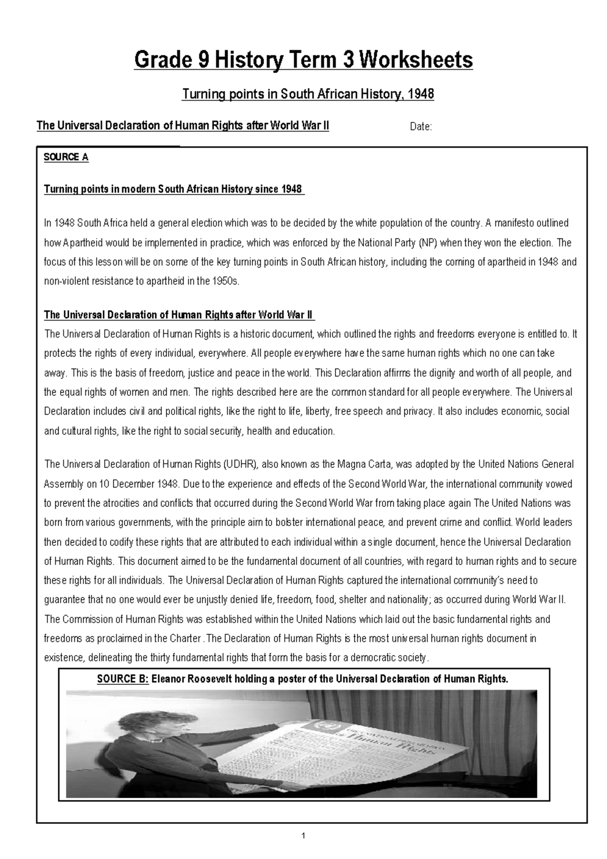 Grade 9 History Term 3 Worksheets: Turning Points in SA History & Human ...