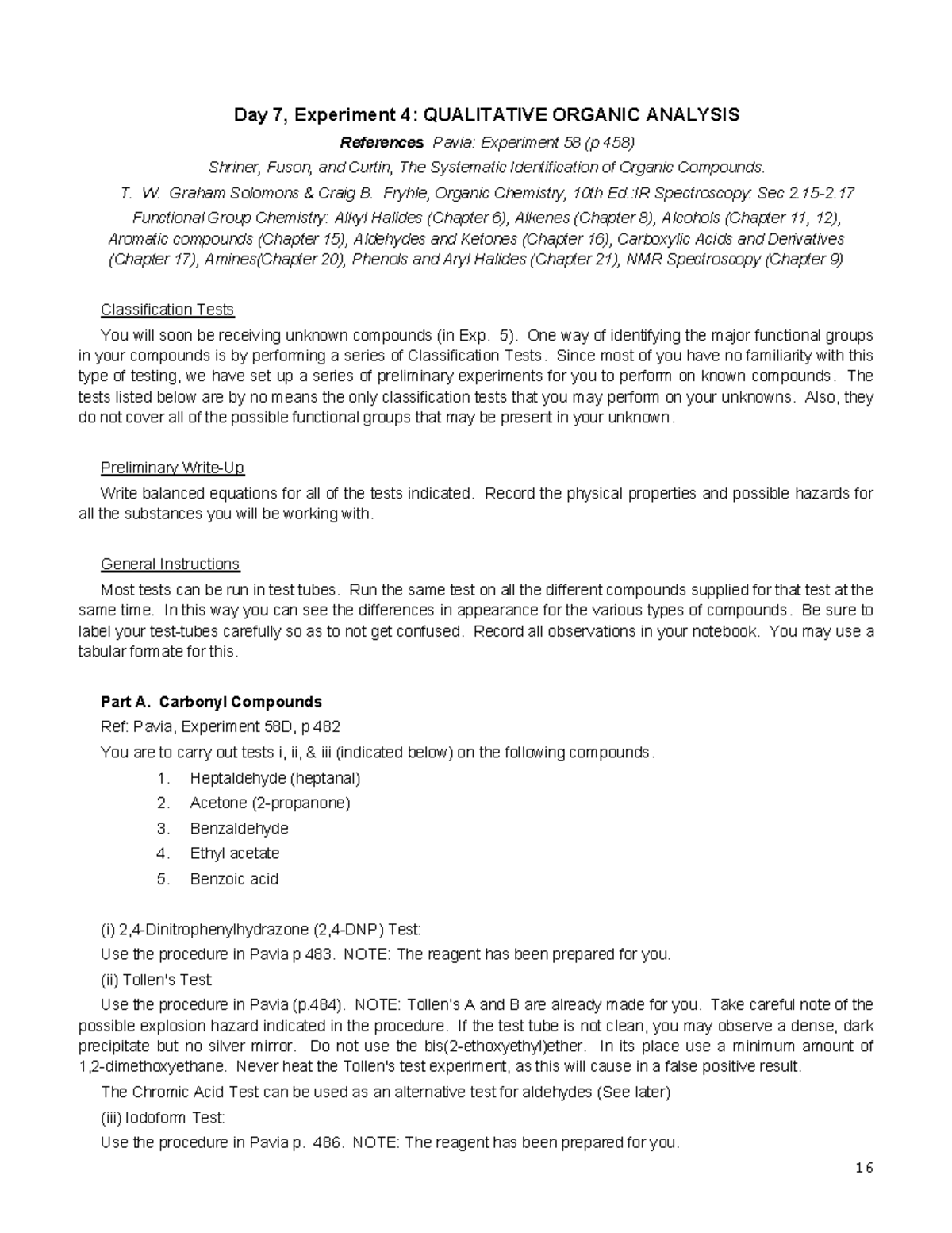 CHEM 225 Lab Manual: Day 7 Experiment 4 - Qualitative Organic Analysis ...