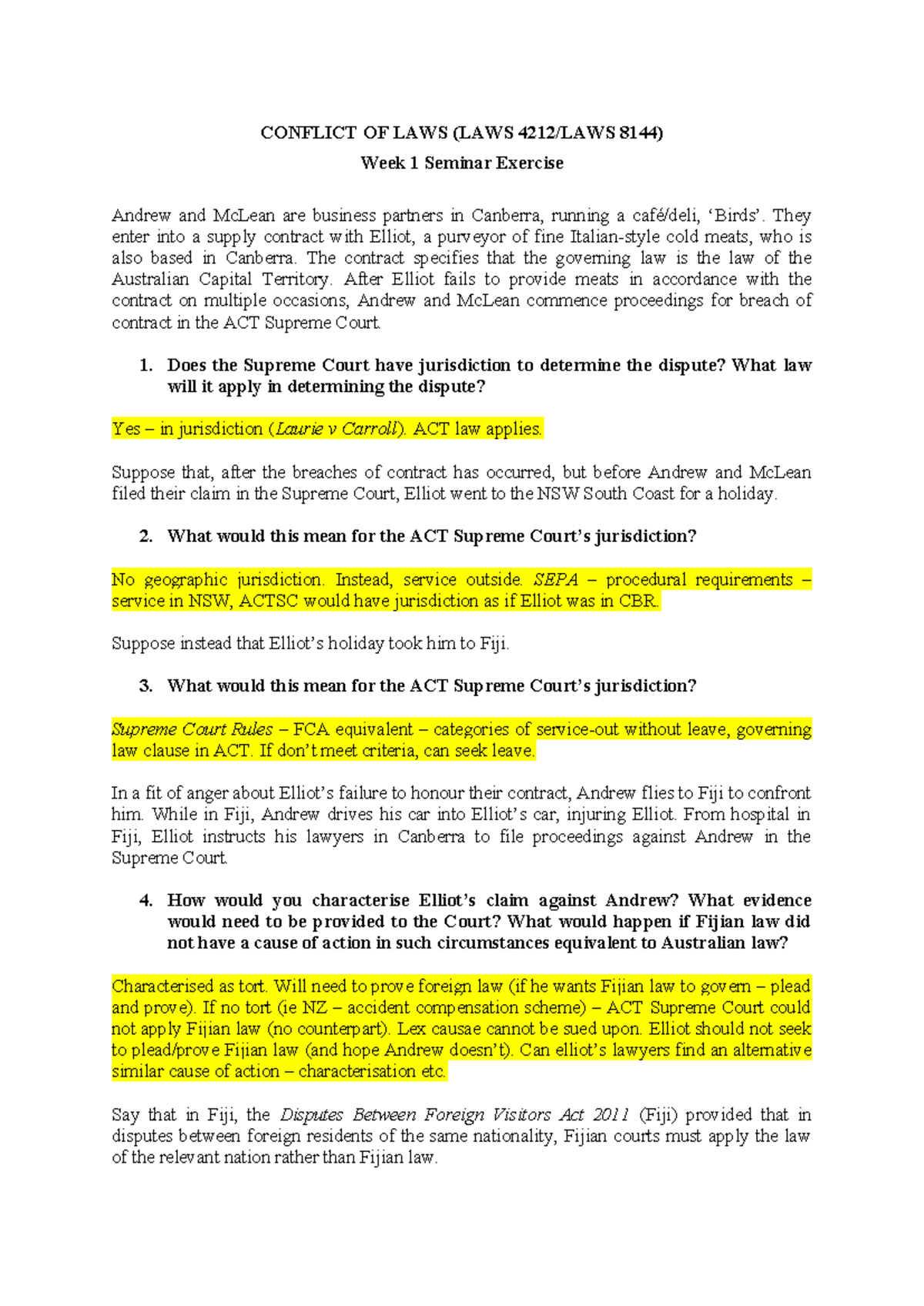 CONFLICT OF LAWS (LAWS 8144) Week 1 Seminar Problem Questions - Studocu