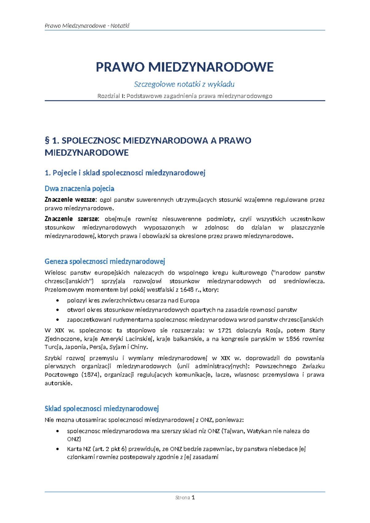 Notatki z wykładu: Prawo Miedzynarodowe - Rozdział I i II - Studocu