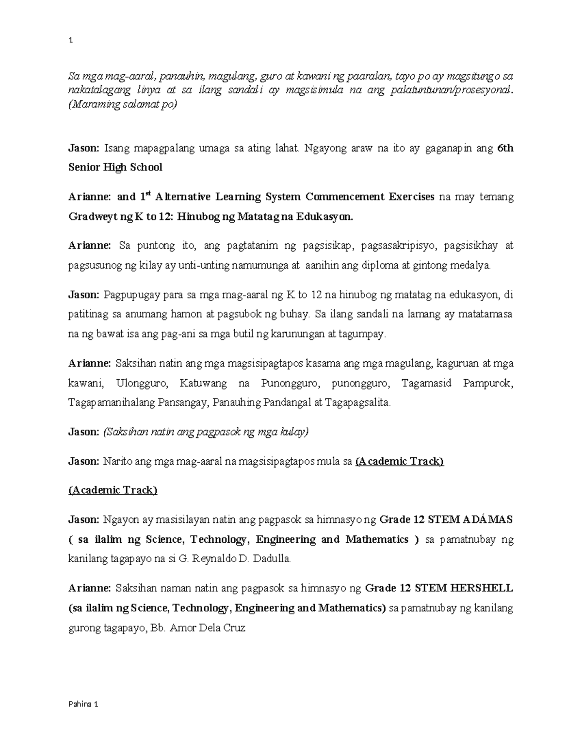 Graduation Ceremony Script for Grade 12 - Class 2022-2023 - Studocu