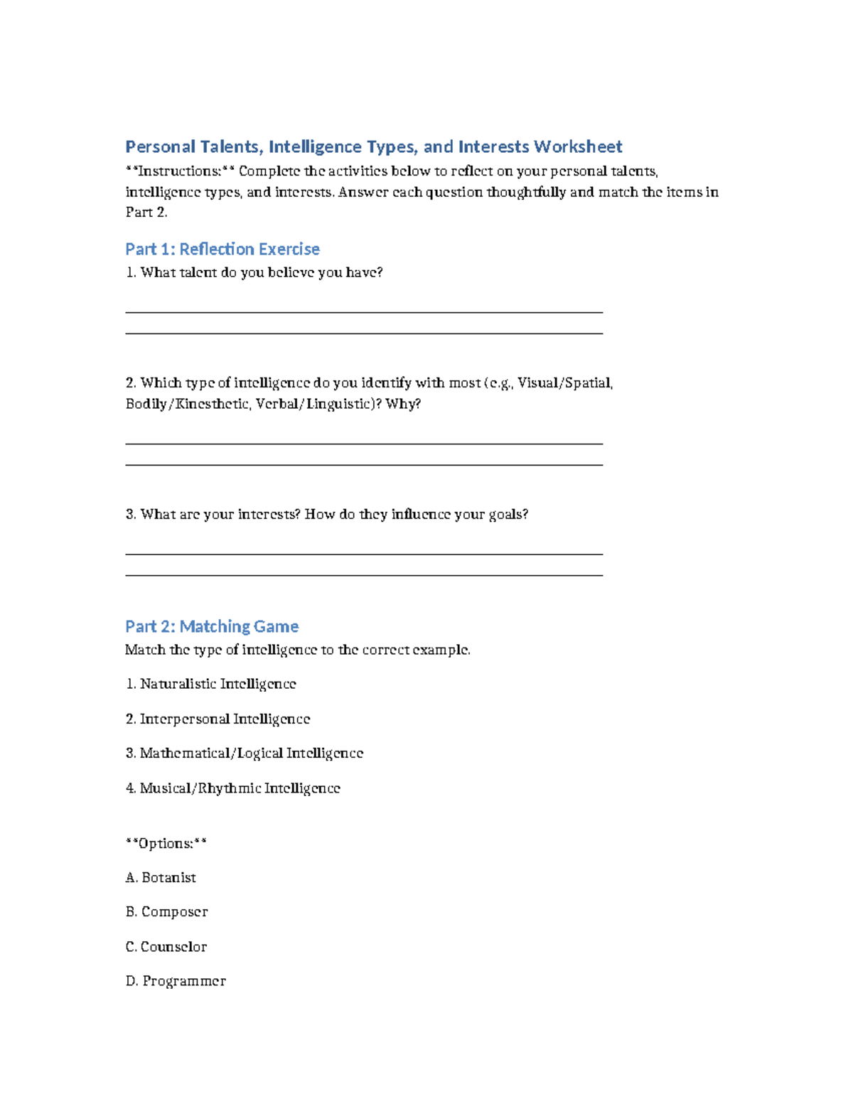 Personal Talents Worksheet - Personal Talents, Intelligence Types, and ...