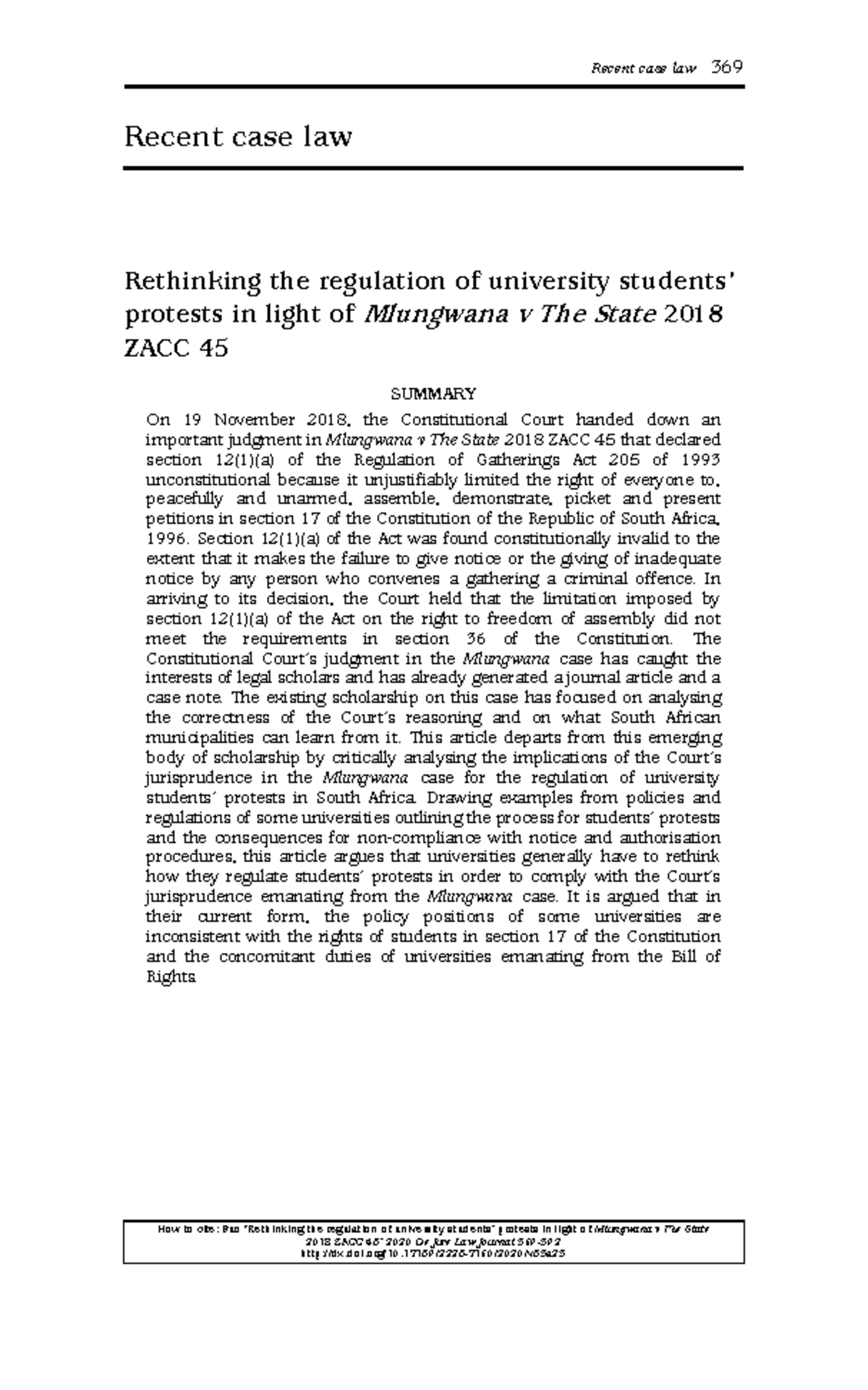 Rethinking UJ Students' Protests: Insights from Mlungwana v The State ...