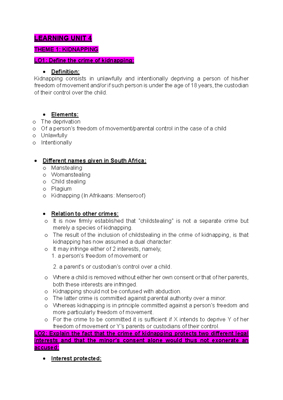 Learning Unit 4: Kidnapping - Legal Definitions & Elements - Studocu