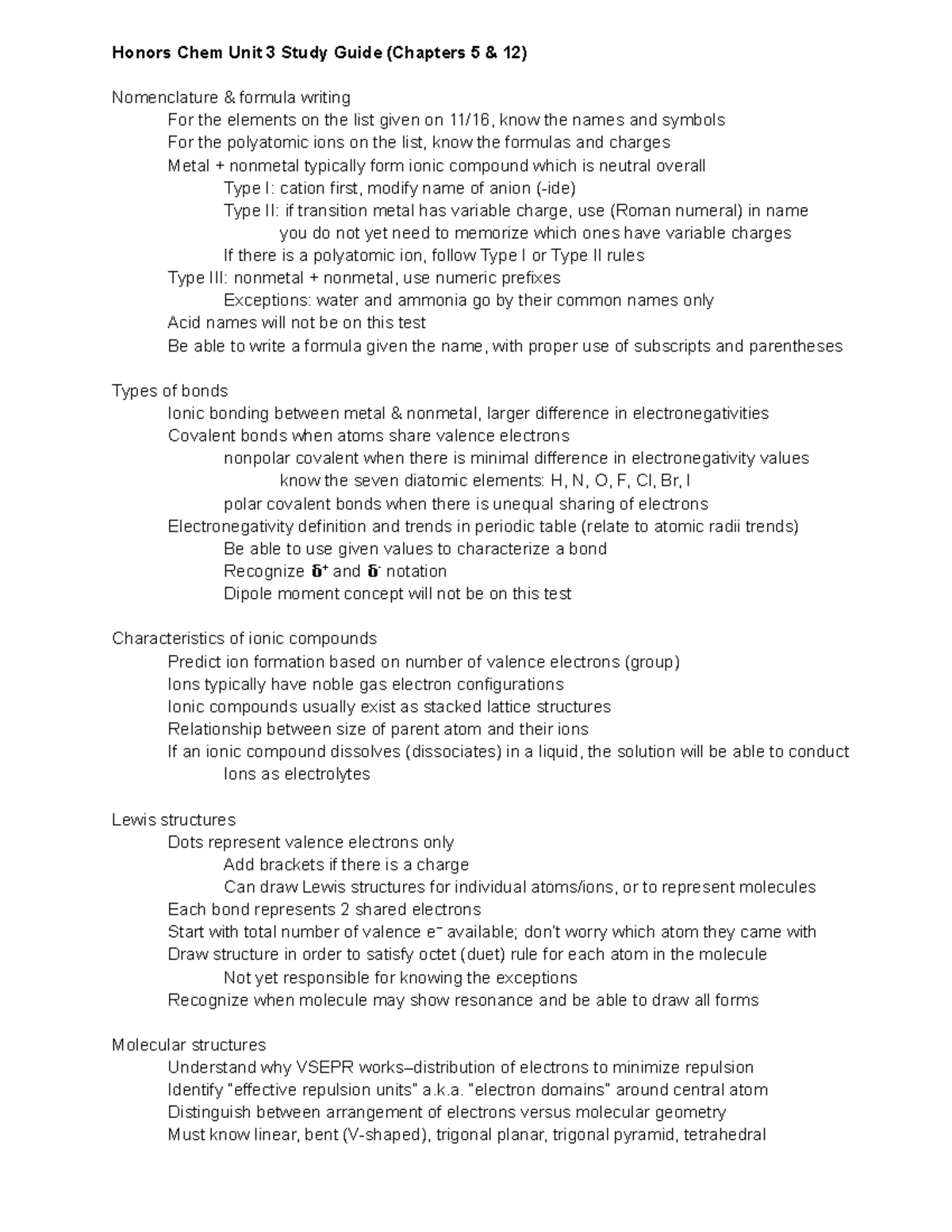 Honors Chem Unit 3 Study Guide: Nomenclature, Bonding, and Structures ...