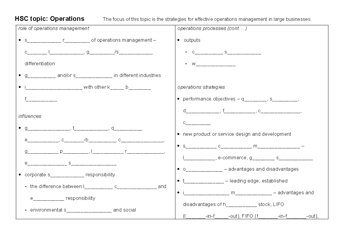 HSC Business Studies Syllabus Fill-in-the-Blanks: Operations & Finance ...