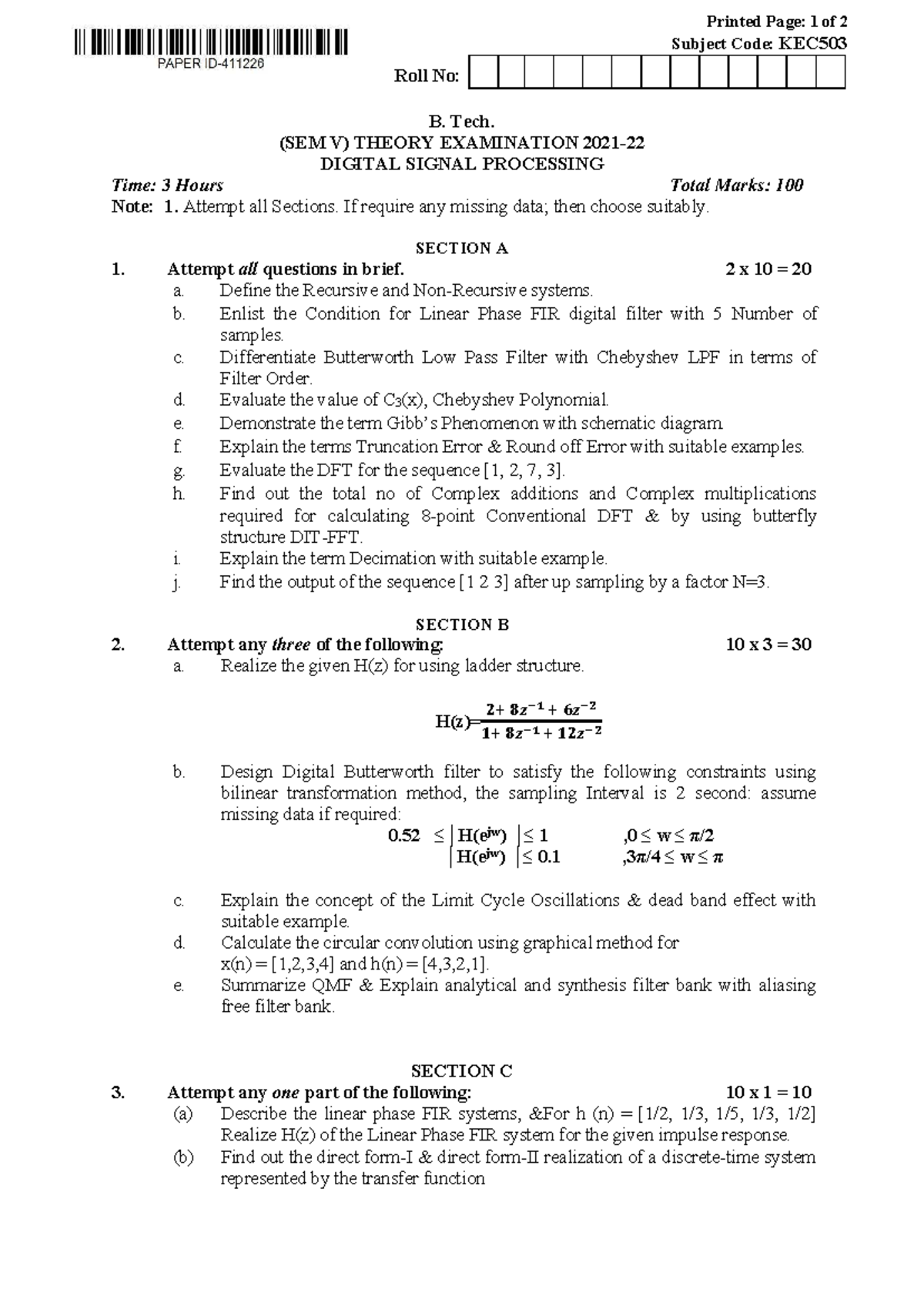 B.Tech SEM V Digital Signal Processing KEC503 Exam Notes 2022 - Studocu