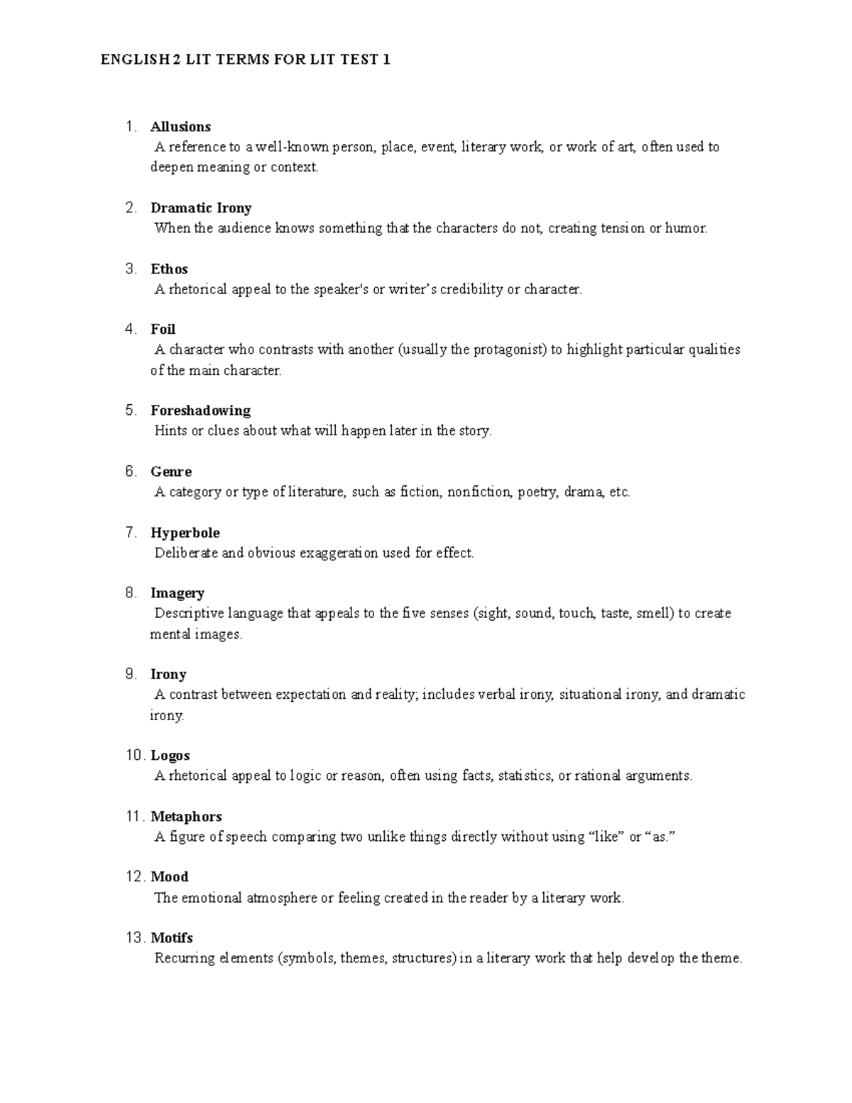 ENGLISH 2 LIT TERMS FOR LIT TEST 1: Key Concepts and Definitions - Studocu