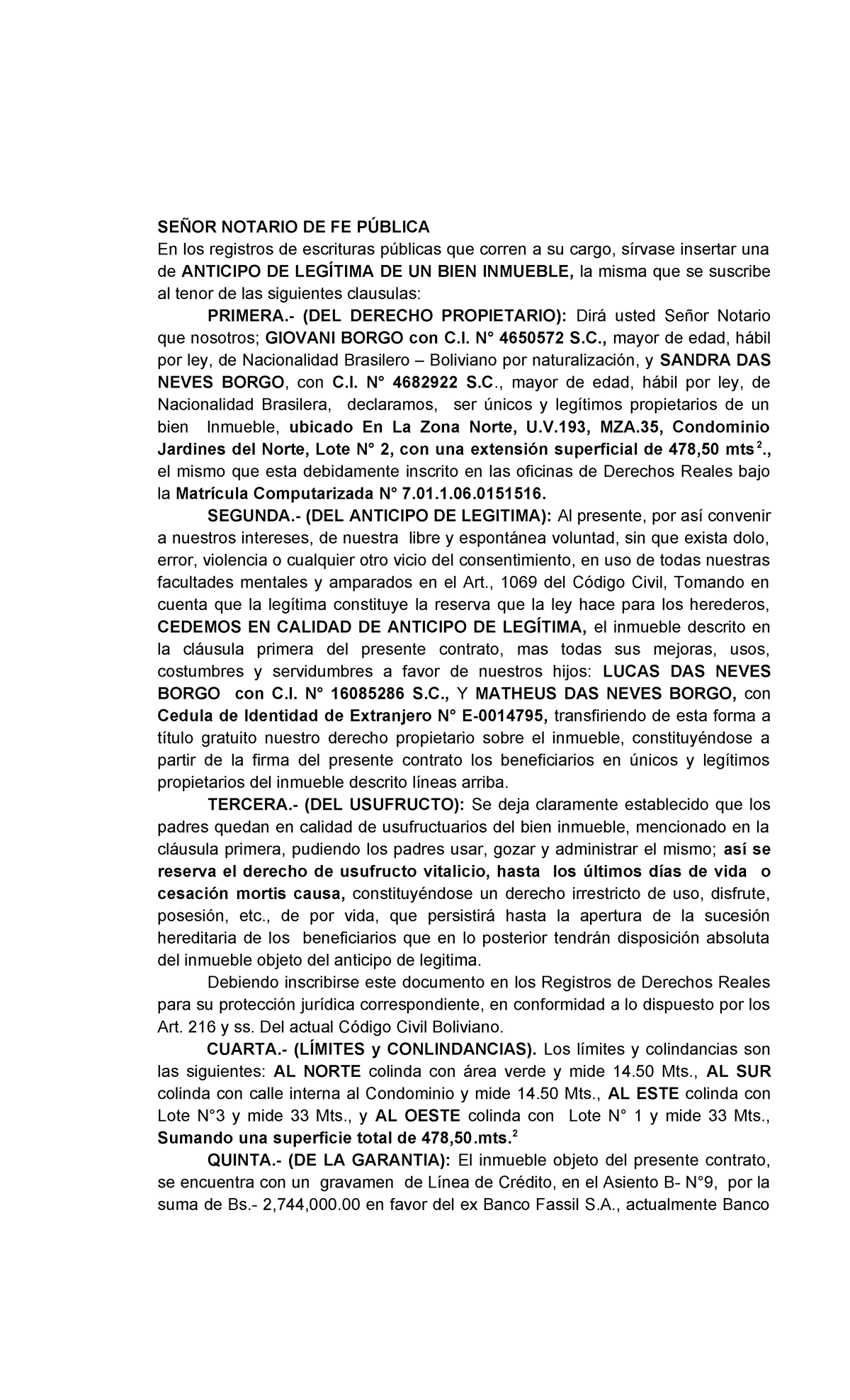 Anticipo de Legítima con Usufructo - Escritura Pública Notarial - Studocu