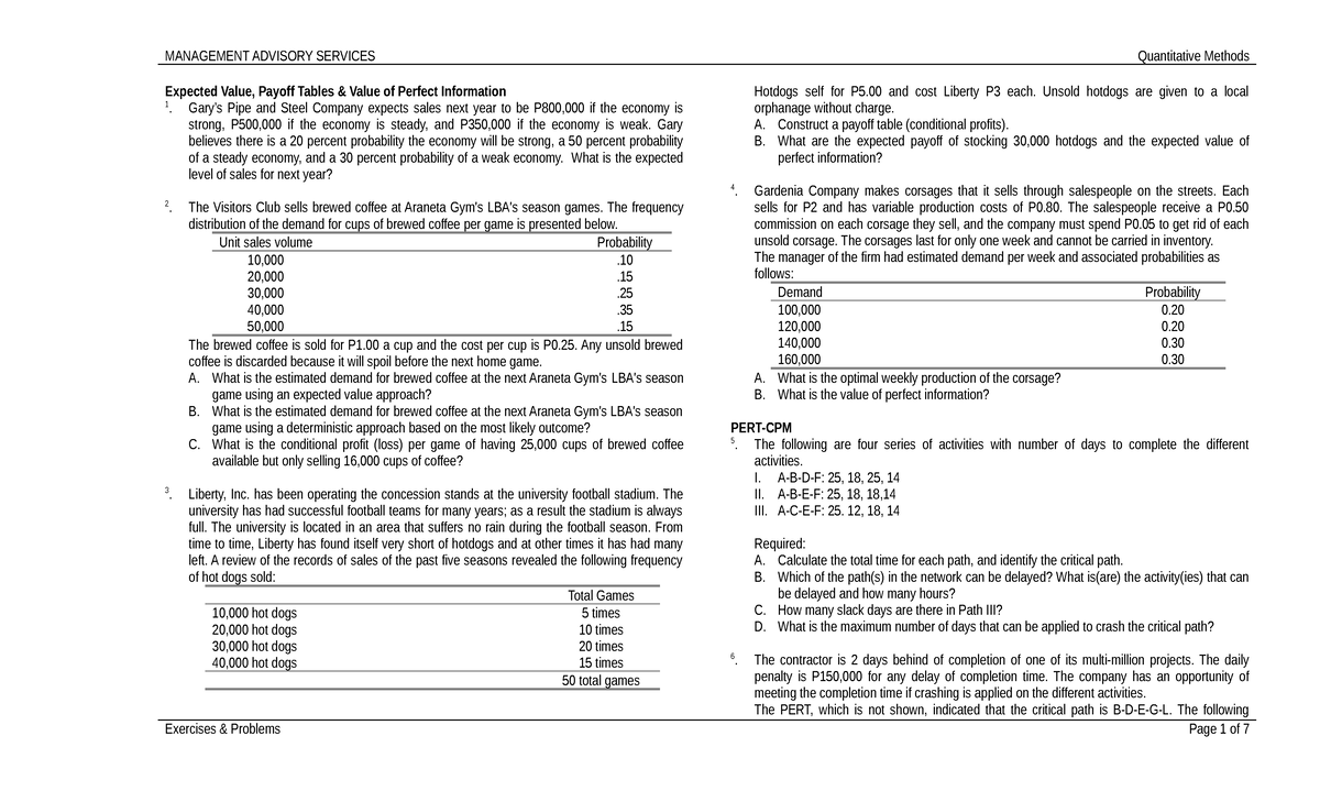 Pdfcoffee - Quantitative Techniques - Expected Value, Payoff Tables & Value of Perfect - Studocu