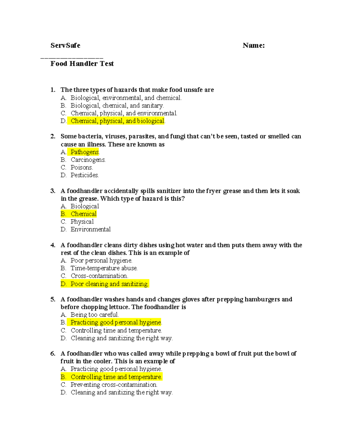 ServSafe Food Handler Test Key (21821): Answers and Explanations - Studocu