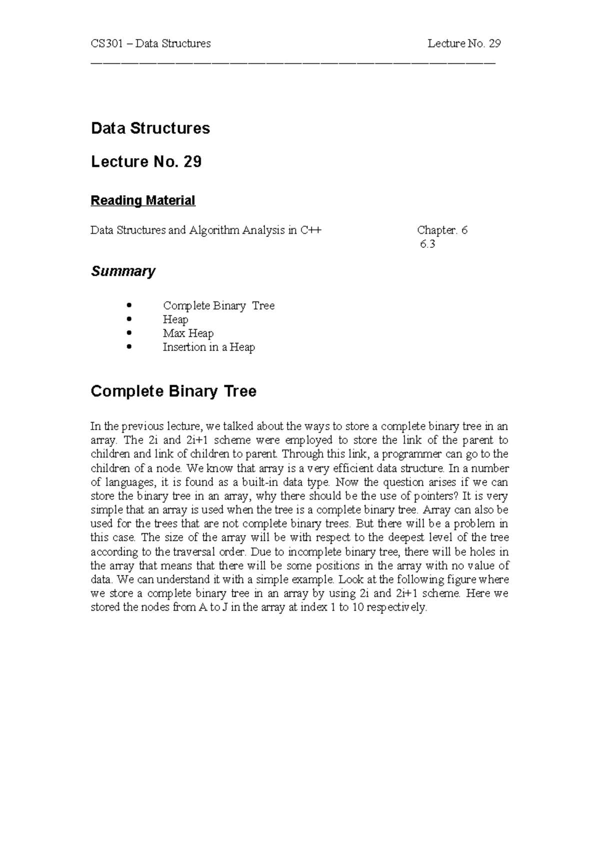 CS301 Data Structures Lecture 29: Complete Binary Trees & Heaps - Studocu