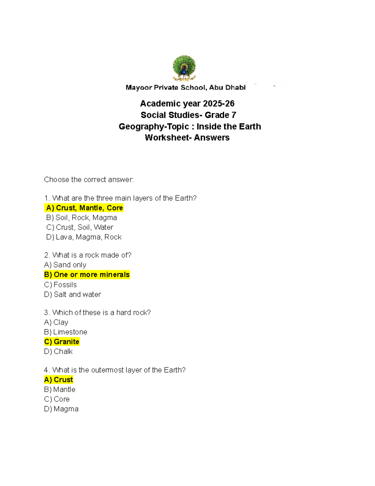 Inside the Earth - Worksheet Answers for Grade 7 (2025-26) - Studocu