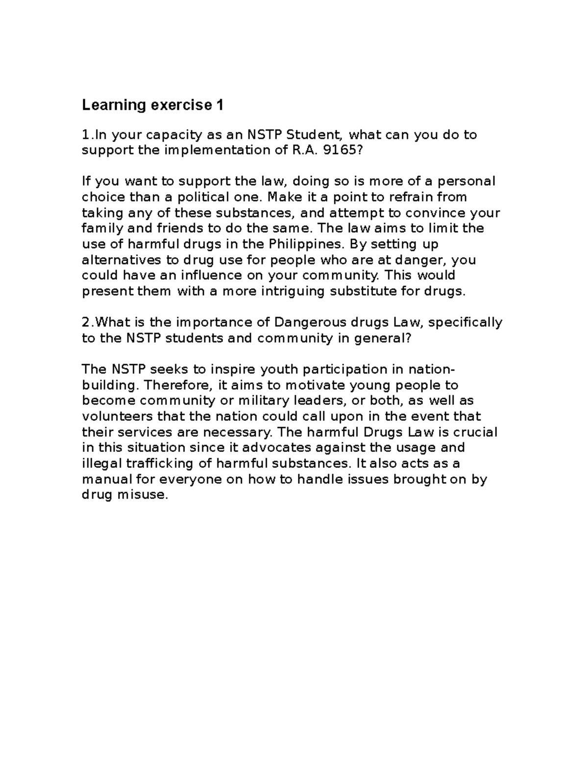 Nstp exercise 1 - Learning exercise 1 1 your capacity as an NSTP Student, what can you do to ...
