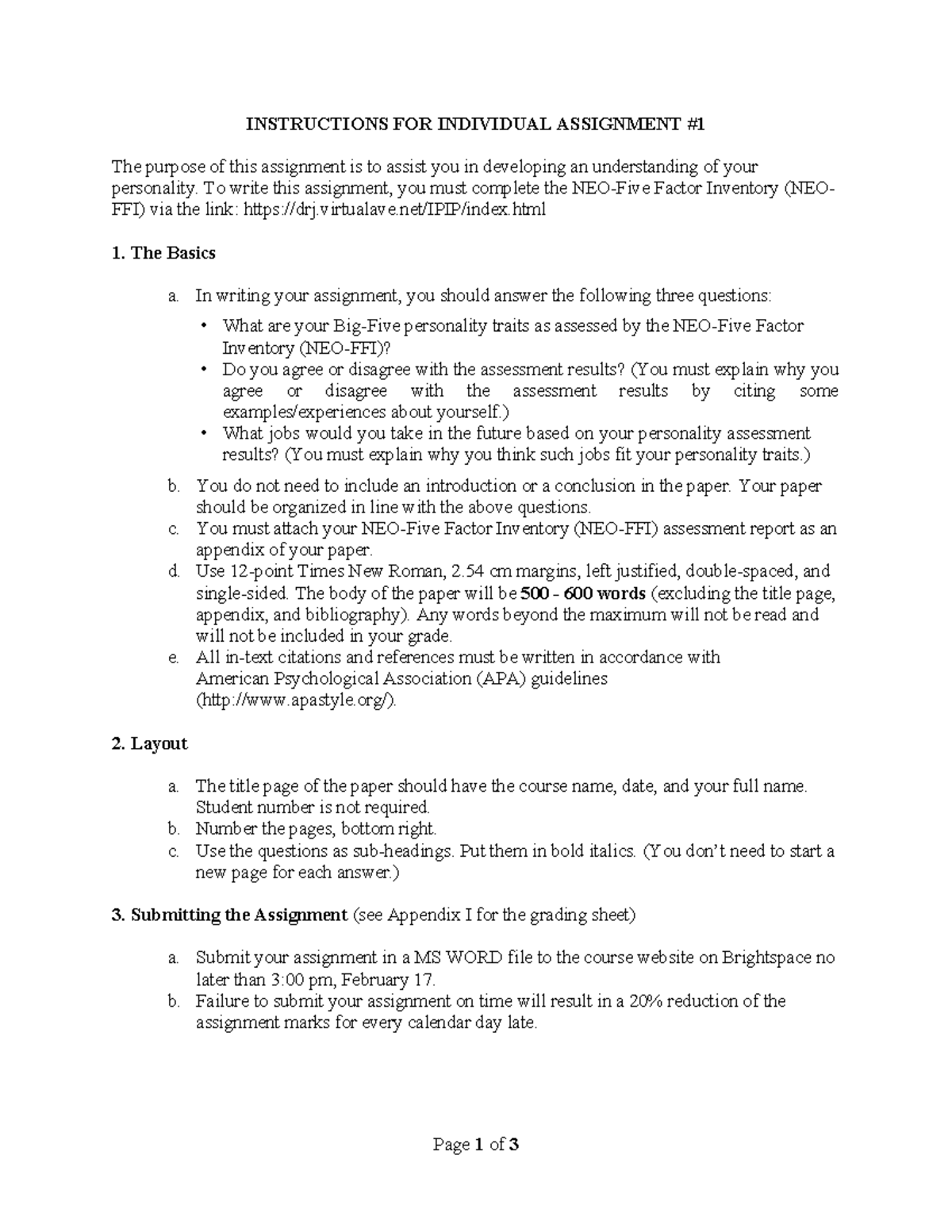 Instructions for Individual Assignment #1: Personality Assessment ...