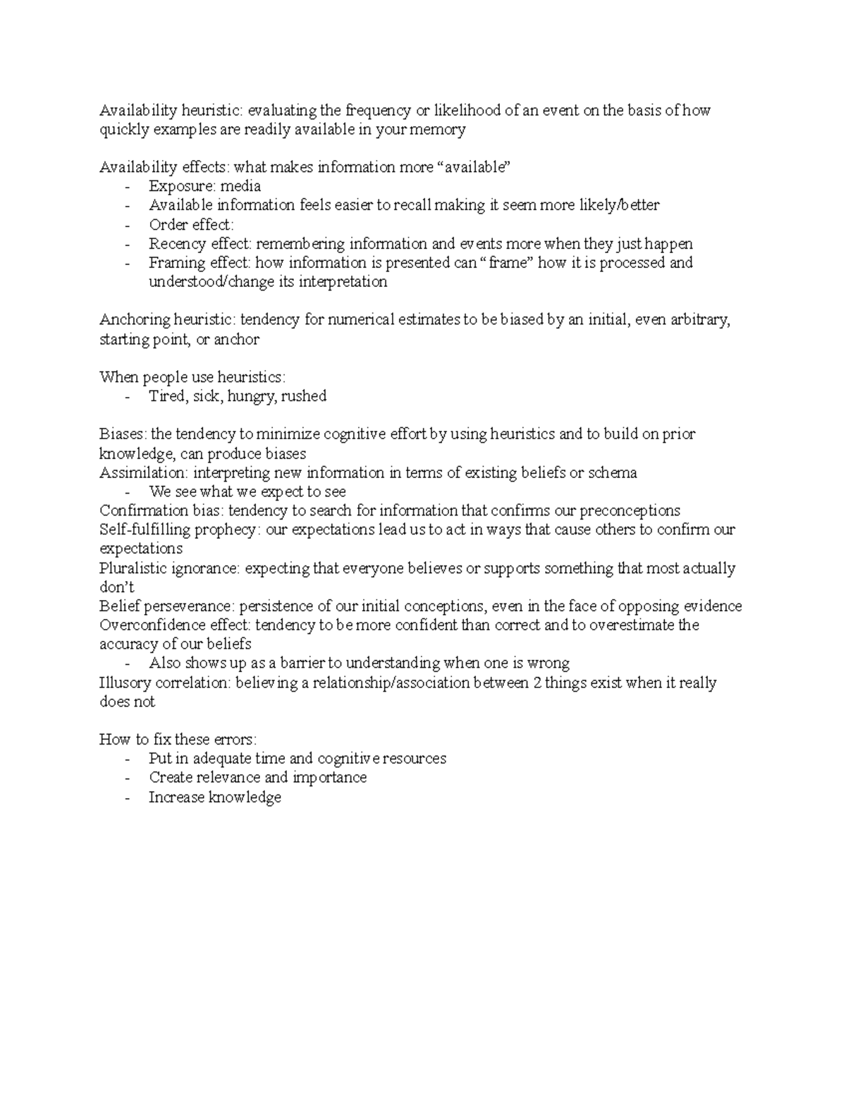 Psych 280: Lecture Notes on Heuristics & Cognitive Biases - Studocu