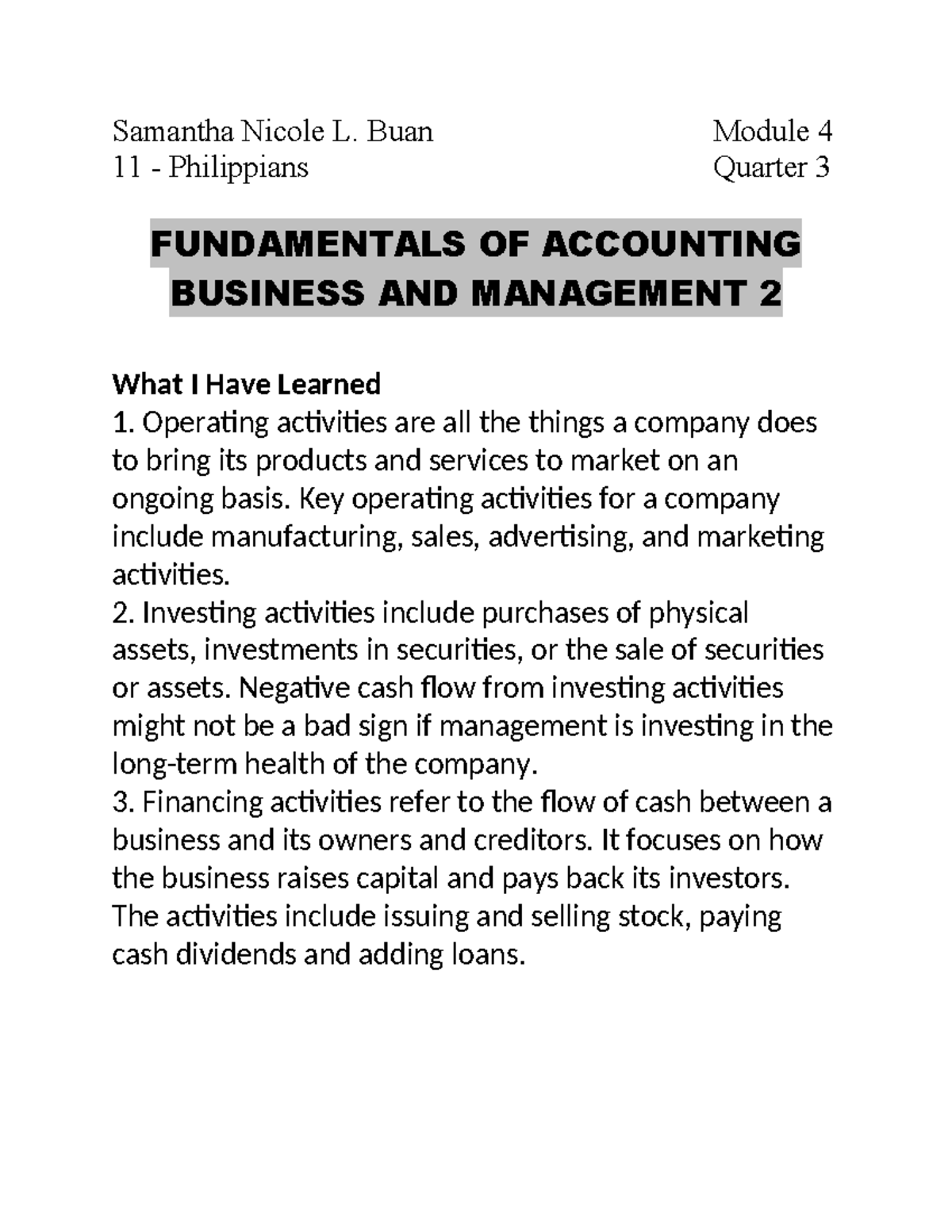 FABM2 Module 4: Key Learnings in Accounting and Management - Studocu