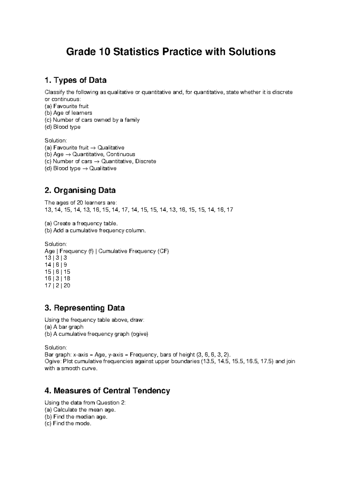 Grade 10 Statistics Practice: Data Types & Analysis Solutions - Studocu